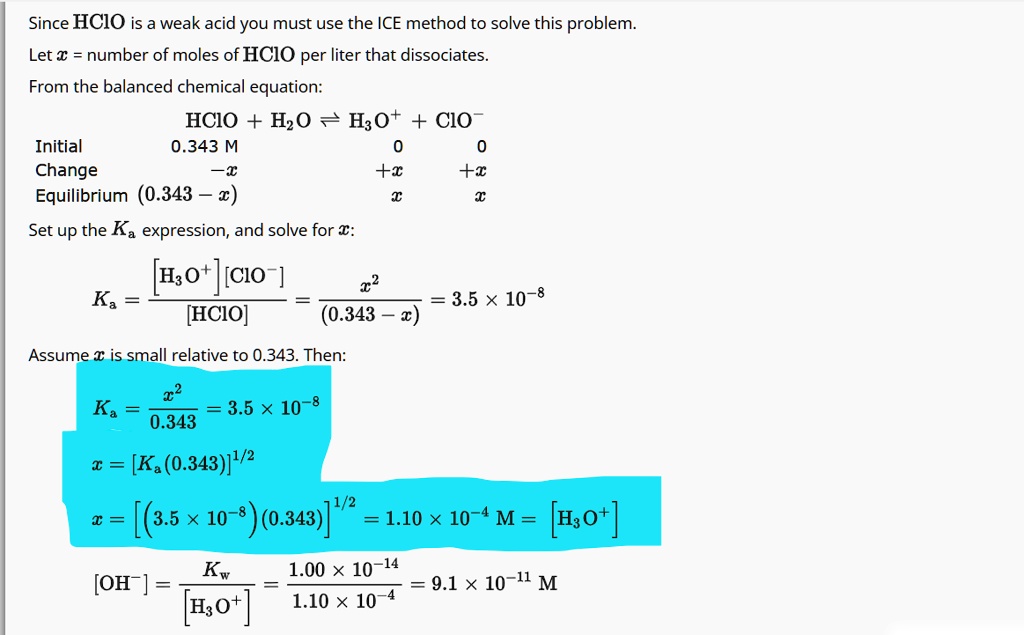 Since HCIO is a weak acid you must use the ICE method to solve this ...