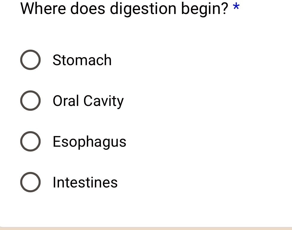 Where does digestion begin? * Stomach Oral Cavity Esophagus Intestines ...