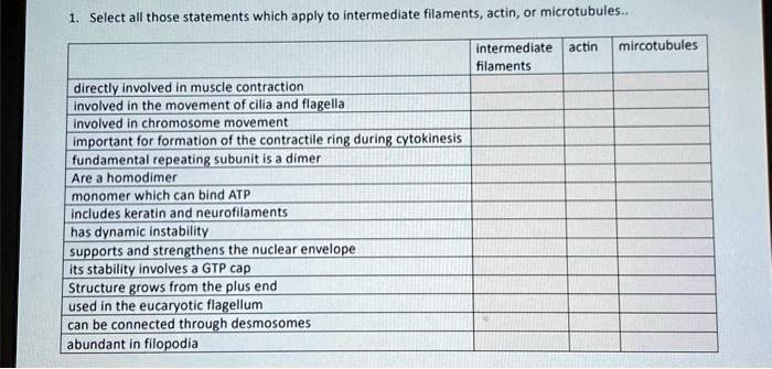 SOLVED: Texts: 1. Select all those statements which apply to intermediate filaments, actin, or ...