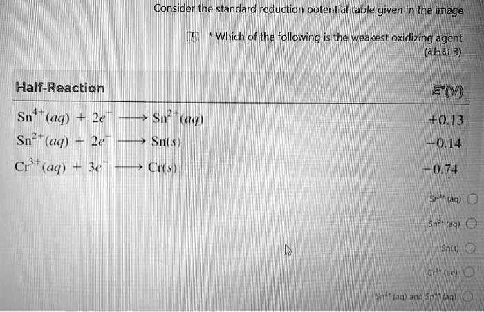 SOLVED: Consider the standard reduction potential table given in tne ...