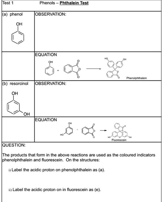 SOLVED: Phenols Phthalein Test Phenol OBSERVATION: OH EQUATION: Phenol ...