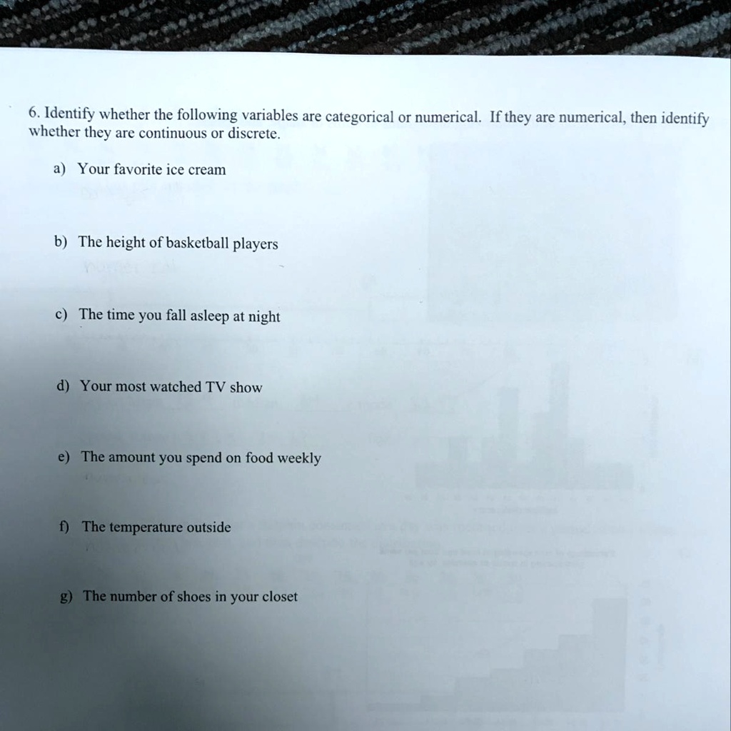 SOLVED: 'Identify whether the following variables are categorical or numerical. If they are ...