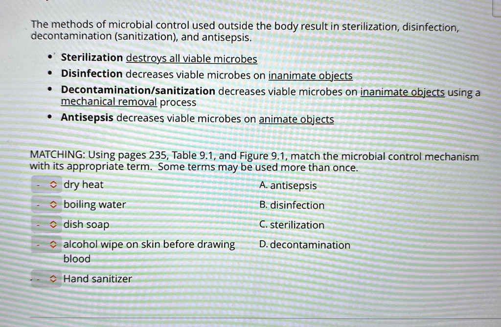 the methods of microbial control used outside the body result in sterilization disinfection ...