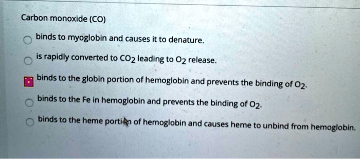 Carbon monoxide (CO) binds to myoglobin and causes it to denature. It ...
