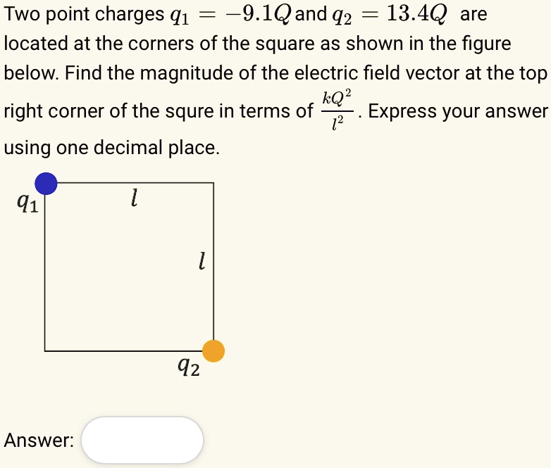Two point charges q1 = -9.1Q and q2 = 13.4Q are located at the corners ...