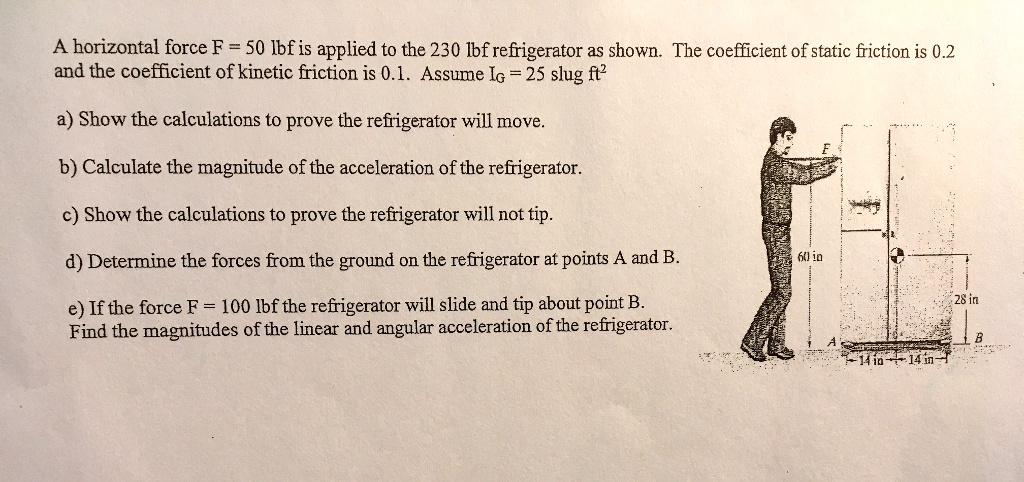 SOLVED: A horizontal force F = 50 lbf is applied to the 230 lbf ...