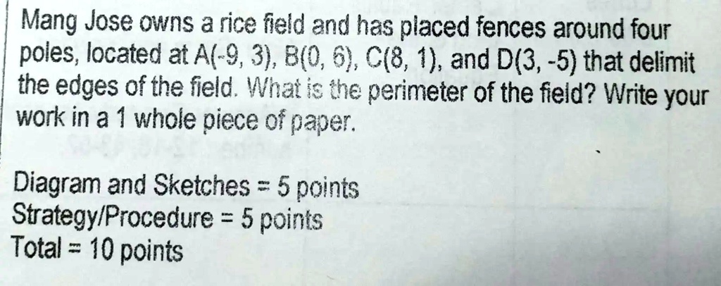 SOLVED: Mang Jose owns a rice feld and has placed fences around four poles; located at A(-9,3 ...