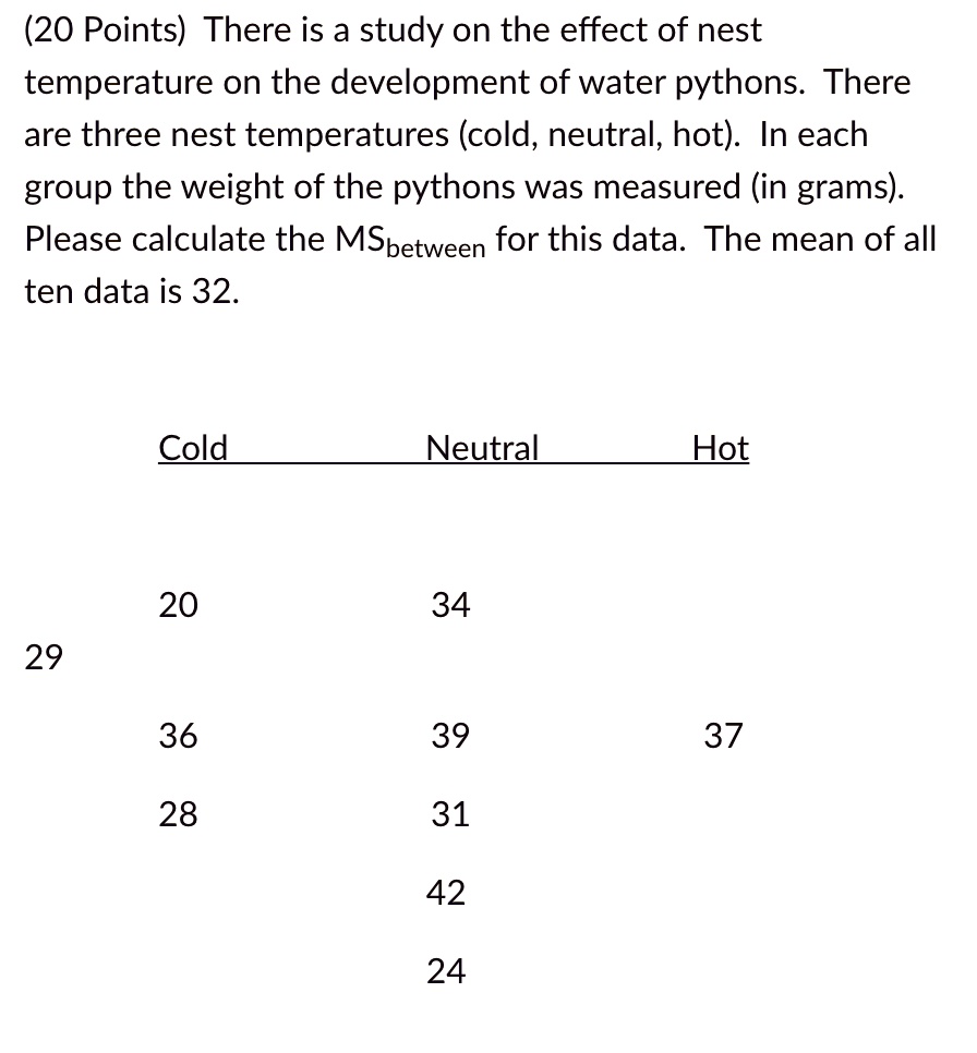 SOLVED:(20 Points) There is a study on the effect of nest temperature ...