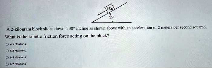 A 2-kilogram block slides down a 30° incline as shown above with an ...