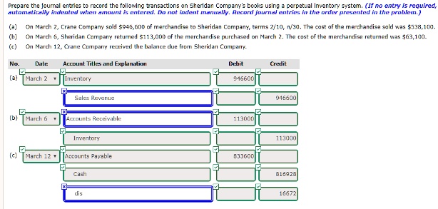 SOLVED: Prepare the Journal entries to record the following transactions on Sheridan Company's ...