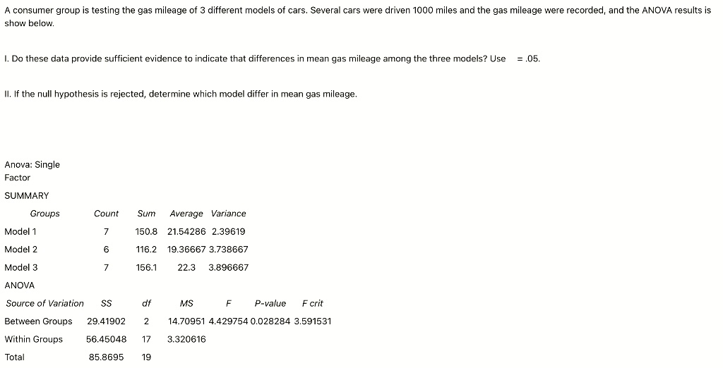 SOLVED:consumer group is testing the gas mileage of different models ...