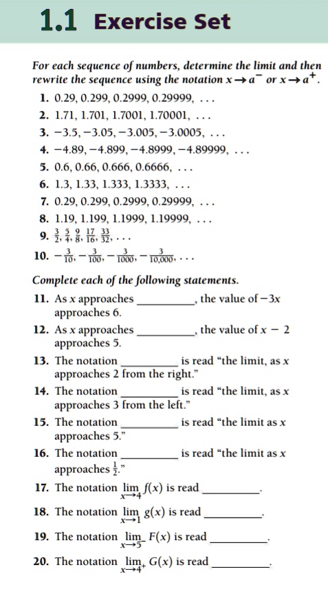SOLVED: Exercise Set For each sequence of numbers, determine the limit ...