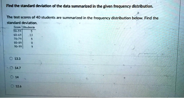 SOLVED: Find the standard deviation of the data summarized in the given frequency distribution ...