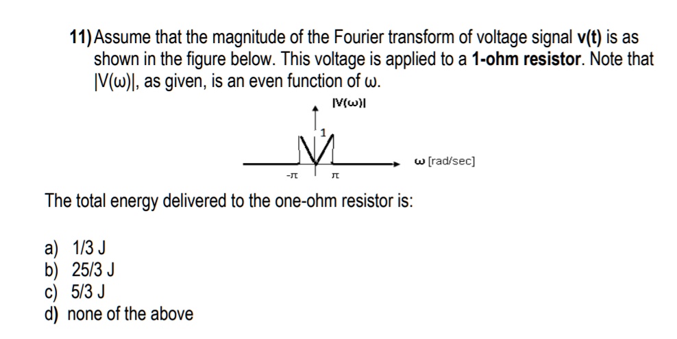 11) Assume that the magnitude of the Fourier transform of voltage signal v(t) is as shown in the ...
