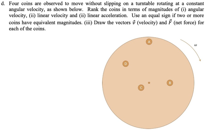 d. Four coins are observed to move without slipping on a turntable ...