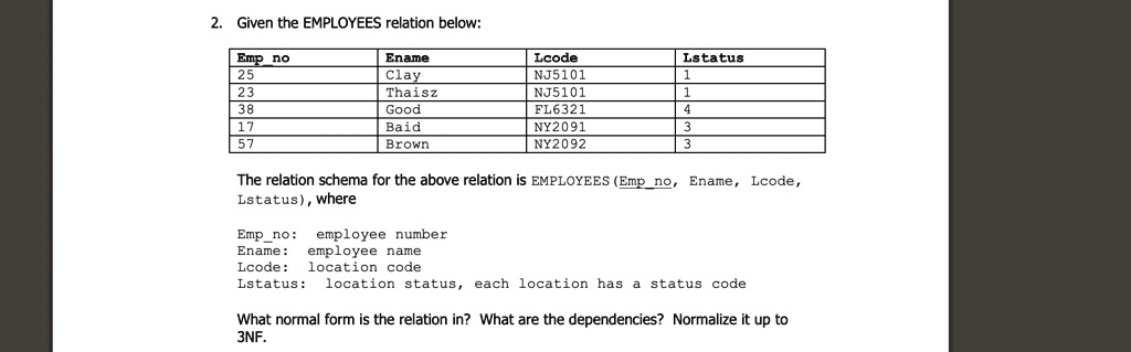 Given the EMPLOYEES relation below: Emp no Ename Lcode Lstatus Clay ... Given the EMPLOYEES relation below: Emp no Ename Lcode Lstatus Clay ...