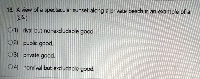 SOLVED: 18. A view of a spectacular sunset along a private beach is an ...