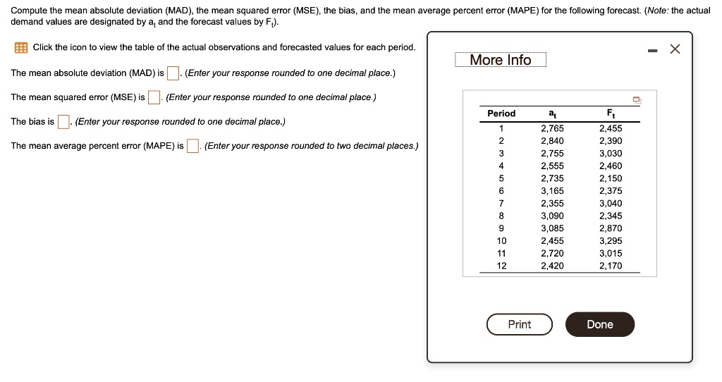 Compute the mean absolute deviation (MAD), the mean squared error (MSE ...
