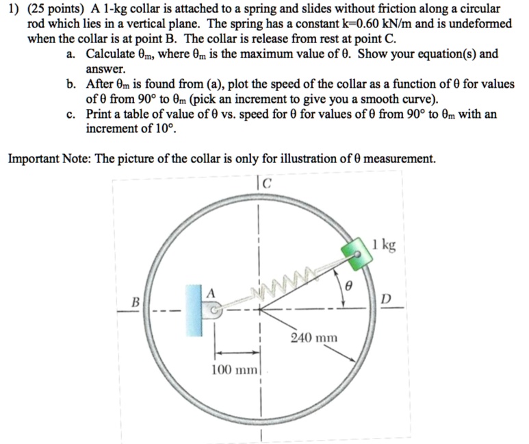 SOLVED:1) (25 points) A 1-kg collar is attached to a spring and slides ...