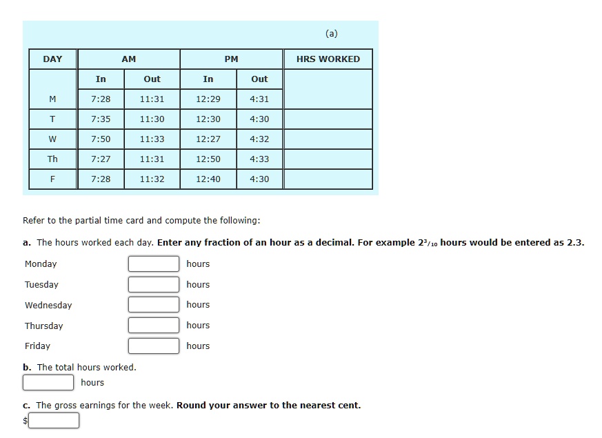 (a) DAY AM PM HRS WORKED In Out In Out M 7:28 11:31 12:29 4:31 T 7:35 11:30 12:30 4:30 W 7:50 11 ...