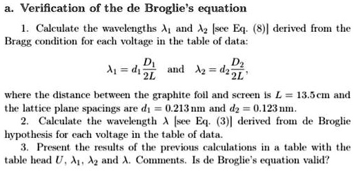 SOLVED: Verification of the de Broglie's equation: Calculate the wavelengths Î» and Î»g (see Eq ...