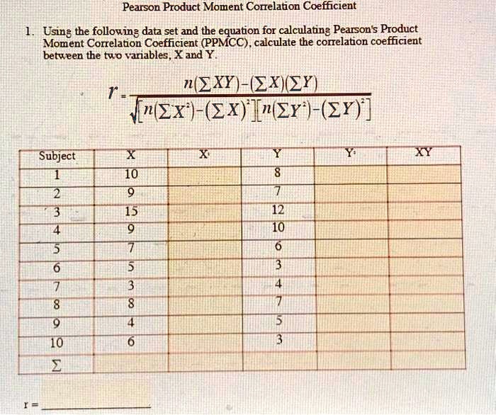 Pearson Product Moment Correlation Coefficient Using the following data ... Pearson Product Moment Correlation Coefficient Using the following data ...