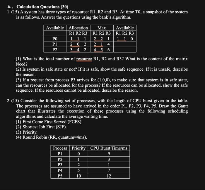 ??Calculation Questions (30) 1. (15) A system has three types of resource: R1, R2 and R3. At ...