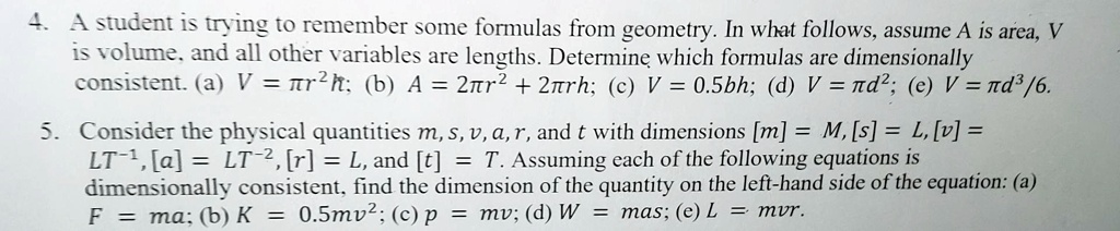 A student is trying to remember some formulas from geometry: In what ...