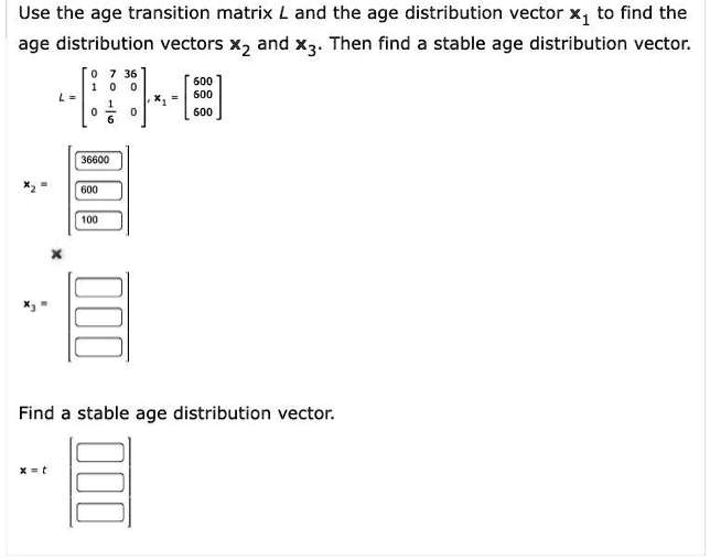 Use the age transition matrix and the age distribution vector X1 to ...