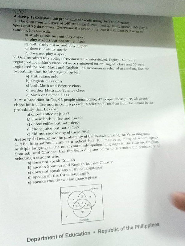 SOLVED: Activity I: Calculate the probability of events uaing the Verin ...