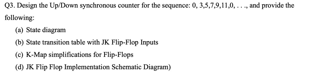SOLVED: Q3. Design the Up/Down synchronous counter for the sequence: 0, 3, 5, 7, 9, 11, 0 ...