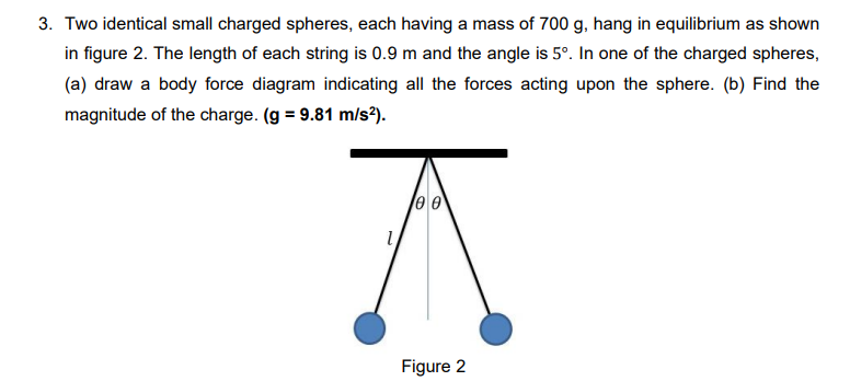 3. Two identical small charged spheres, each having a mass of 700 g ...