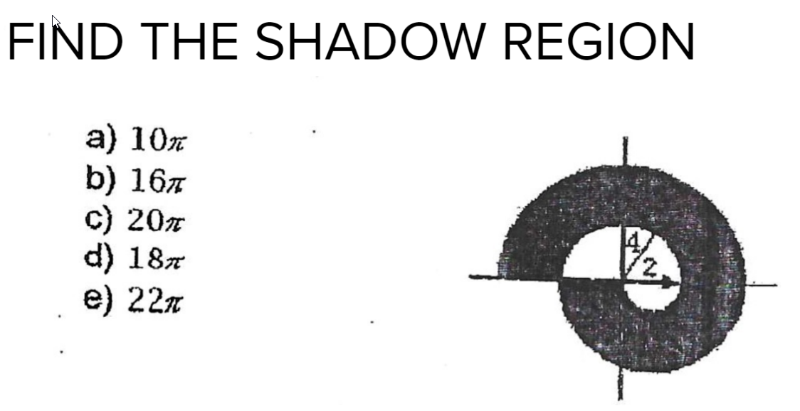 SOLVED: FIND THE SHADOW REGION a) 10 π b) 16 π c) 20 π d) 18 π e) 22 π