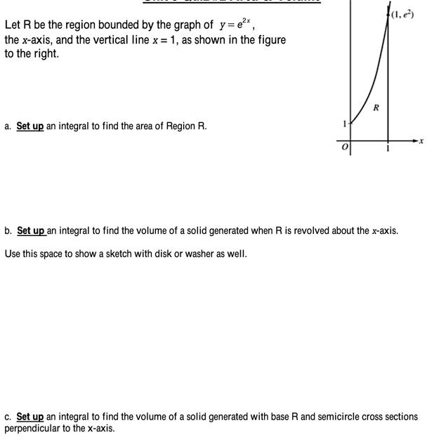 SOLVED: (1,2) Let R be the region bounded by the graph of y = e?* the x-axis, and the vertical ...