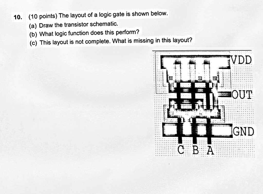 SOLVED: 10. (10 points) The layout of a logic gate is shown below. (a) Draw the transistor ...