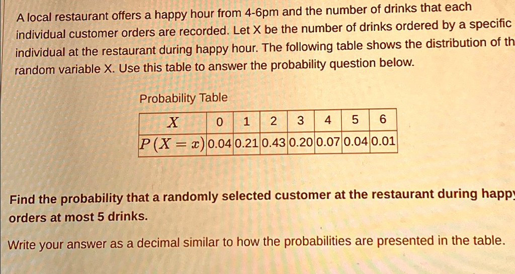 SOLVED: A local restaurant offers a happy hour from 4-6pm and the ...