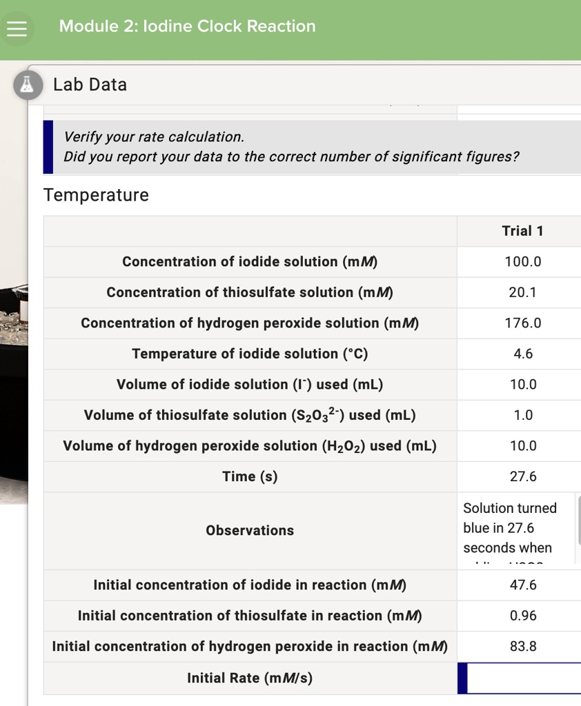 SOLVED: Calculate initial rate of the reaction. Module 2:lodine Clock Reaction Lab Data Verify ...