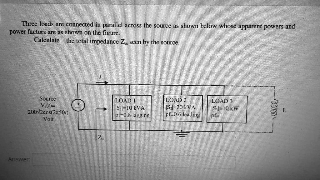 SOLVED: Three loads are connected in parallel across the source as shown below, whose apparent ...