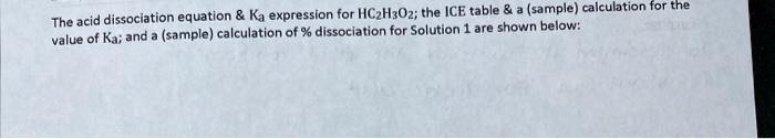 SOLVED: equation Ka expression for HCzH3Oz; the ICE table (sample) calculation for the Thc acid ...