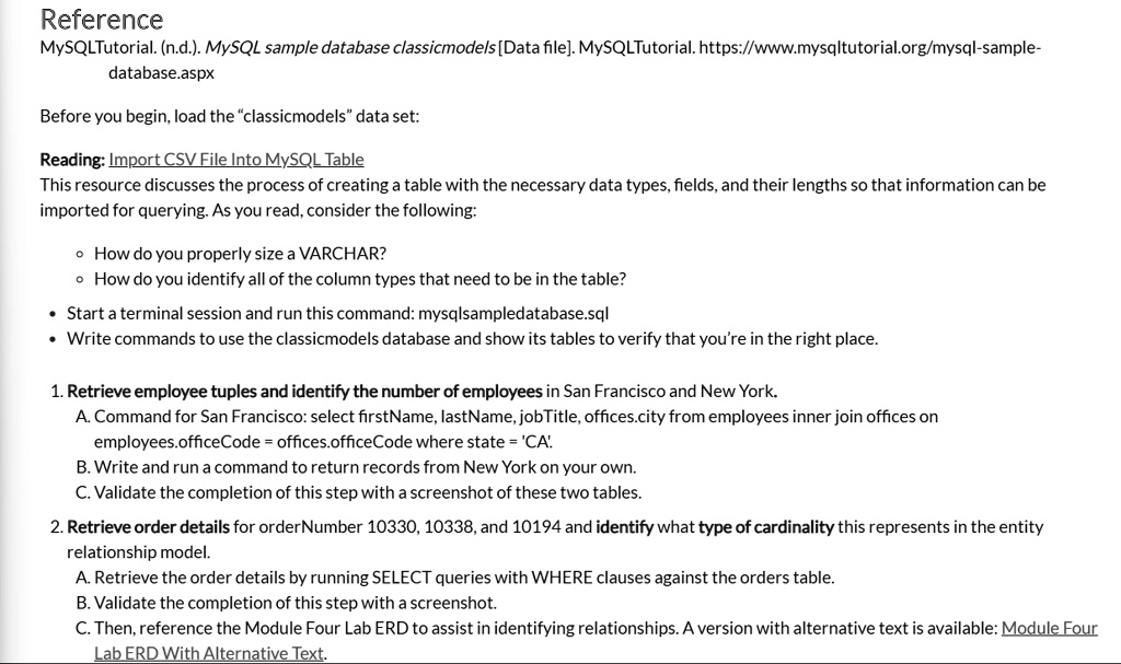 Solved Reference Mysqltutorial Nd Mysql Sample Database Classicmodels Data File