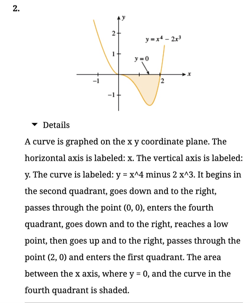 2. y = x^4 - 2x^3 y = 0 Details A curve is graphed on the x y coordinate plane. The horizontal ...