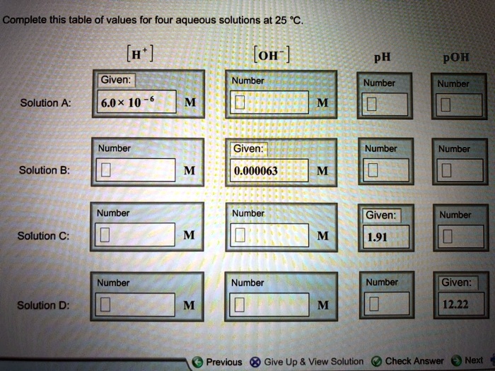 SOLVED: Complete this table of values for four aqueous solutions at 25 '. [=t] Given: [ou Number ...