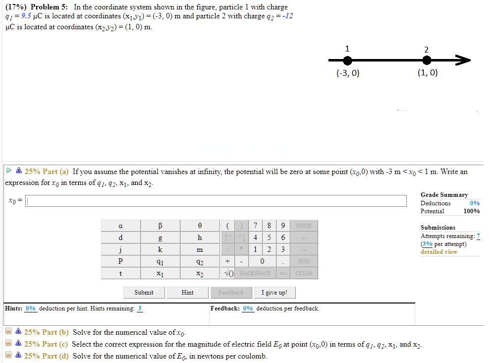 problem 5 in the coordinate system shown in the figure particle with charge 95 pc is located at ...