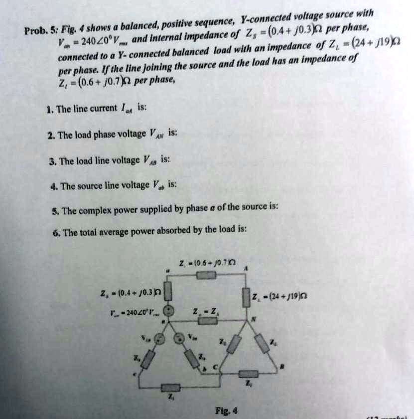 prob5 fig4 shows a balanced positive sequence y connected voltage source with v 2400 v and ...