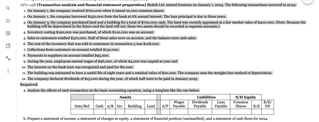 SOLVED: AP2-14B (Transaction analysis and financial statement ...