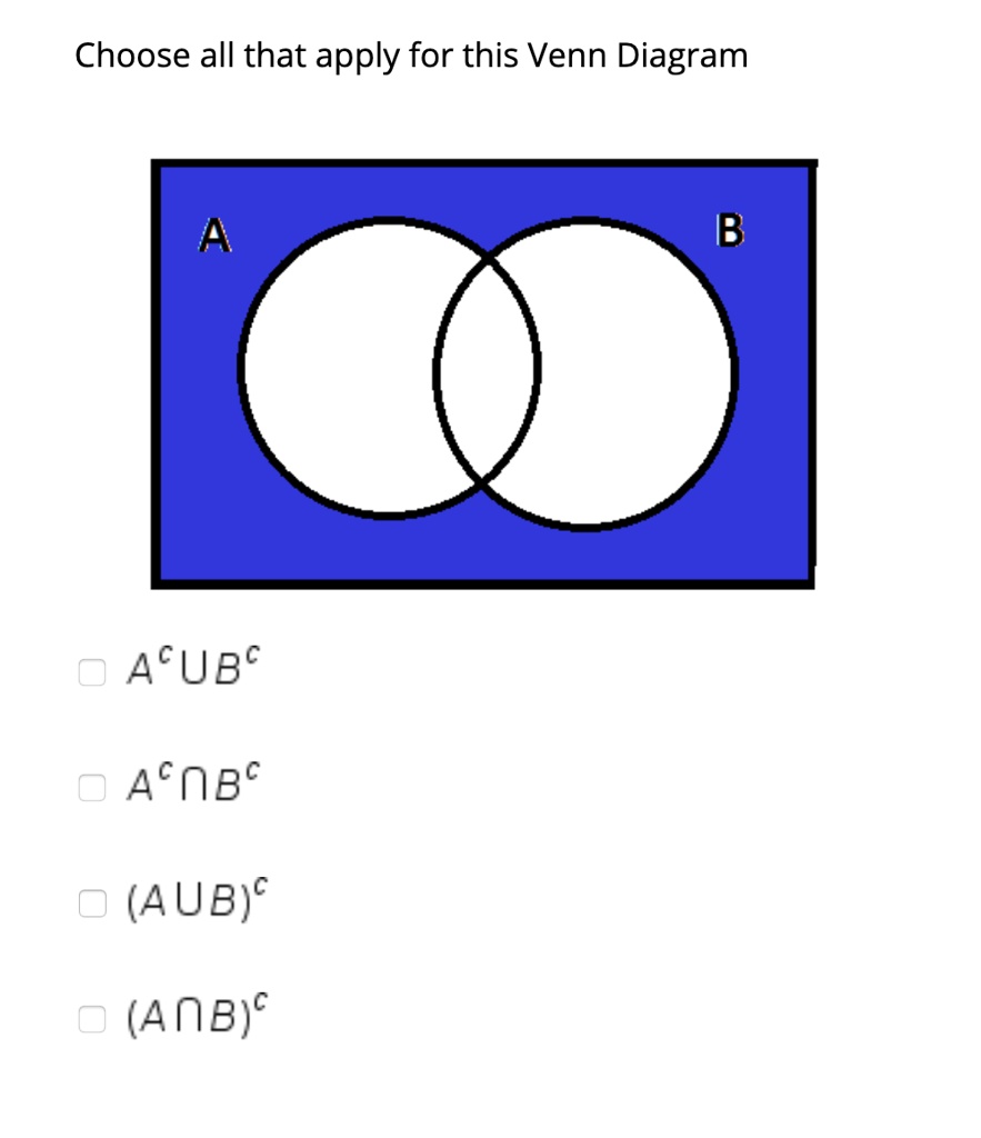 SOLVED:Choose all that apply for this Venn Diagram 0 ACUBc O AcnBc (AUB ...