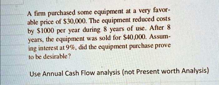 SOLVED: A firm purchased some equipment at a very favorable price of ...