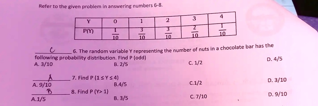 SOLVED: Refer to the given problem in answering numbers 6-8. PMY) 7o 1o 6. The random variable Y ...