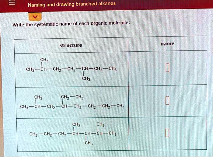 SOLVED: Naming and drawing branched alkanes Write the systematic name ...