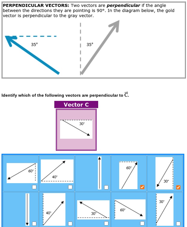 perpendicular vectors two vectors are perpendicular if the angle between the directions they are ...